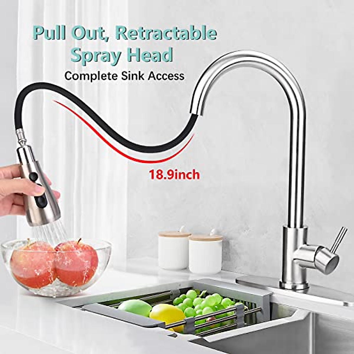 Kitchen Faucet with Pull Down Sprayer and Deck Plate Modern Single Handle 360°Swivel High Arc Brushed Nickel Sink Faucet Stainless Steel Kitchen Sink Tap, 3-Modes Spray