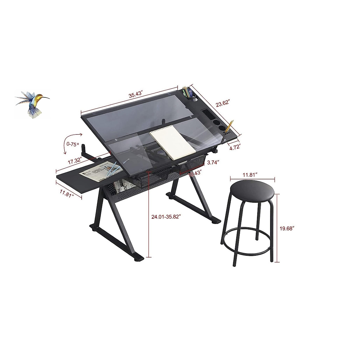 Lambgier Glass Craft Table Drawing Desk – Drafting Tables Hobby Table Writing Studio Art Artist Desk with Adjustable Tilted Tabletop (Black)