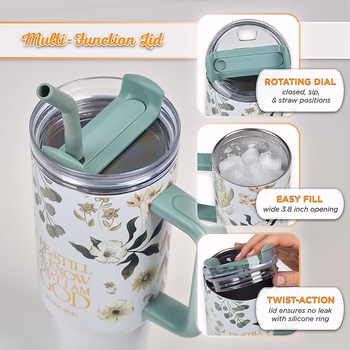 Christian Art Gifts Extra Large Stainless Steel Double Wall Vacuum Insulated Travel Tumbler for Women: Be Still Inspirational Scripture, Lid, Reusable Straw, Wide Handle, White & Teal Floral, 40 oz.
