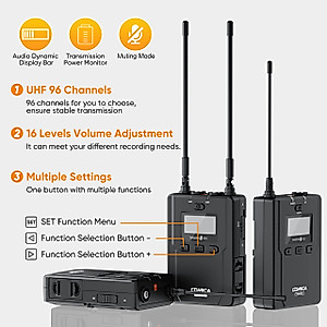 Wireless Lavalier Microphone, Comica CVM-WM200A 96-Channel UHF Wireless Lapel Microphone System for Cameras/XLR Camcorders Interview Youtube Video Recording, Dual Lav Mic with 394FT Transmission