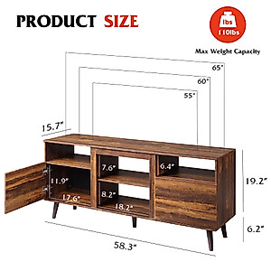 WLIVE TV Stand for 65 Inch TV, 58 inch Entertainment Center with 2 Storage Cabinets, Media Console for Living Room, Bedroom and Office, Retro Brown