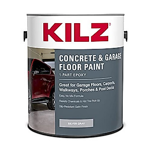 KILZ 1-Part Epoxy Acrylic Concrete and Garage Floor Paint, Interior/Exterior, Satin, Silver Gray, 1 Gallon