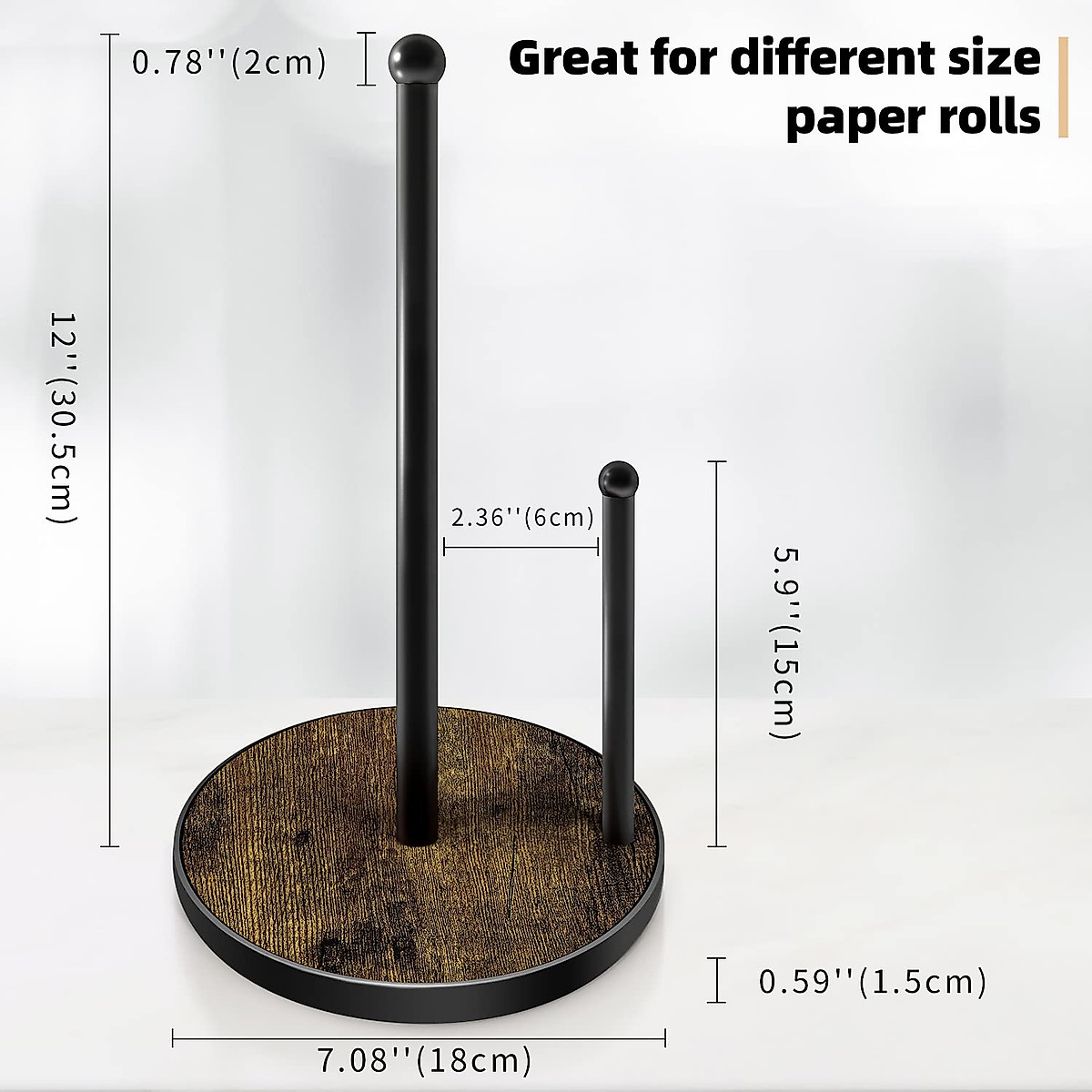 Black Paper Towel Holder Stand Countertop Kitchen Farmhouse Standing Paper Towel Roll Holders with Rustic Wooden Base for Standard and Jumbo-Sized Paper Towels