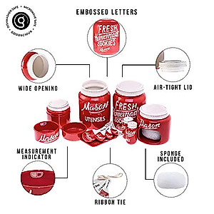Mason Jar Kitchenware 17-Piece Set - Vintage Kitchen Accessories - Measuring Cups & Spoons, Spoon Rest, Salt & Pepper Shakers, Sponge Holder, Cookie Jar, Utensil Crock - Mother's Day Gift - Red