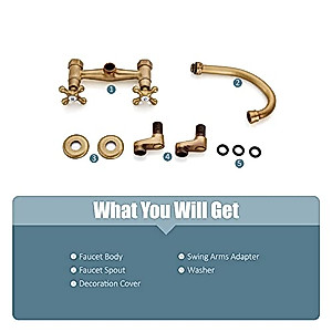 Aolemi Wall Mount Kitchen Faucet 6 Inch Center with Swivel Spout Adjustable Spread 2 Cross Handle Basin Sink Mixer Tap, Antique Brass, H&C Label