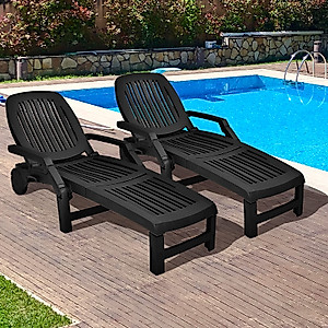 Giantex Chaise Lounge Outdoor, 6 Adjustable Backrests Lounge Chair Recliner, Outdoor Furniture for Patio Poolside Garden, Foldable Sun Lounger with Wheels (2, Black)