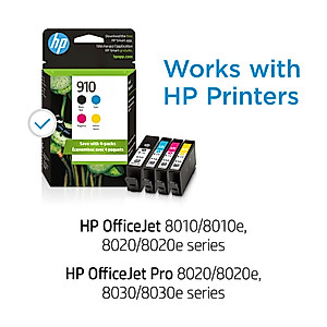 Original HP 910 Black, Cyan, Magenta, Yellow Ink Cartridges (4 Count -pack of 1) | Works with HP OfficeJet 8010, 8020 Series, HP OfficeJet Pro 8020, 8030 Series | Eligible for Instant Ink | 3YQ26AN