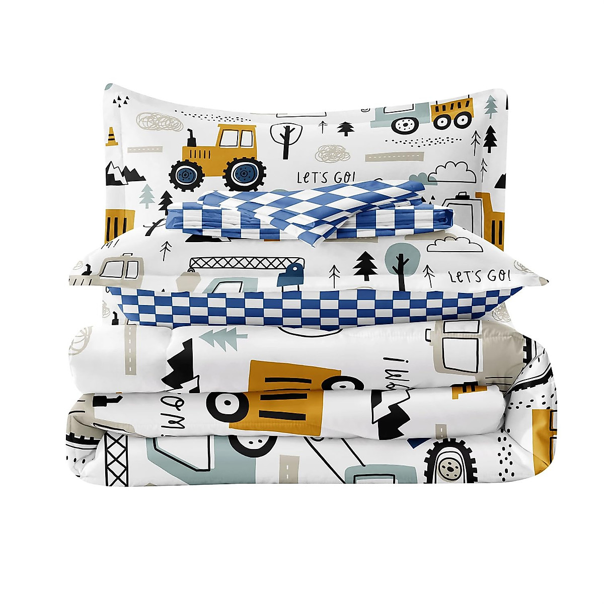 Leaflin 4-Pcs Construction Twin Size Boys Bedding Set, Kids Comforter Set for Teens w/Sheets and Pillowcase, Soft Cartoon Tractor Cars Bed in a Bag Sets