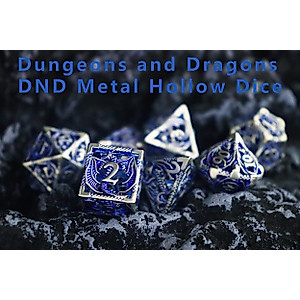 Polyhedral Dice Set Hollow Metal DND Dice Dungeons and Dragons Dice Set Gifts 7CPS Role Playing Dice Set with Gift Metal Box Suitable for D&D Table Games Cards Tower MTG RPG(Dragon_Pearl Silver Blue)