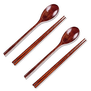 Ecloud Shop Wooden Spoon Chopsticks Sets Korean Dinnerware Combinations Chopsticks and Spoons Set for Home Kitchen or Restaurant (2 Pairs)