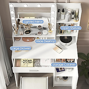 Palimder Vanity Desk with Mirror & Light, Large Drawer Three Level Storage Dresser, 3 Lighting Modes Adjustable Brightness, Bedroom Dressing Table (White Stool)