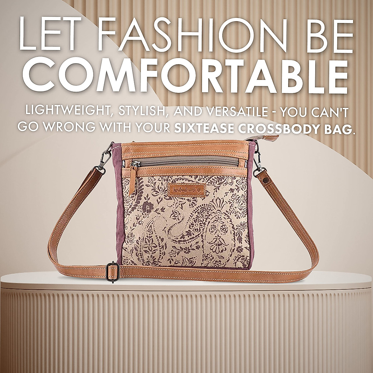 SIXTEASE Crossbody Bag for Women Vintage Style Genuine Leather, Upcycled Canvas, Rug, or Hair On - Cross Body Womens Bags with Inside Zipper Pockets - Cecellia