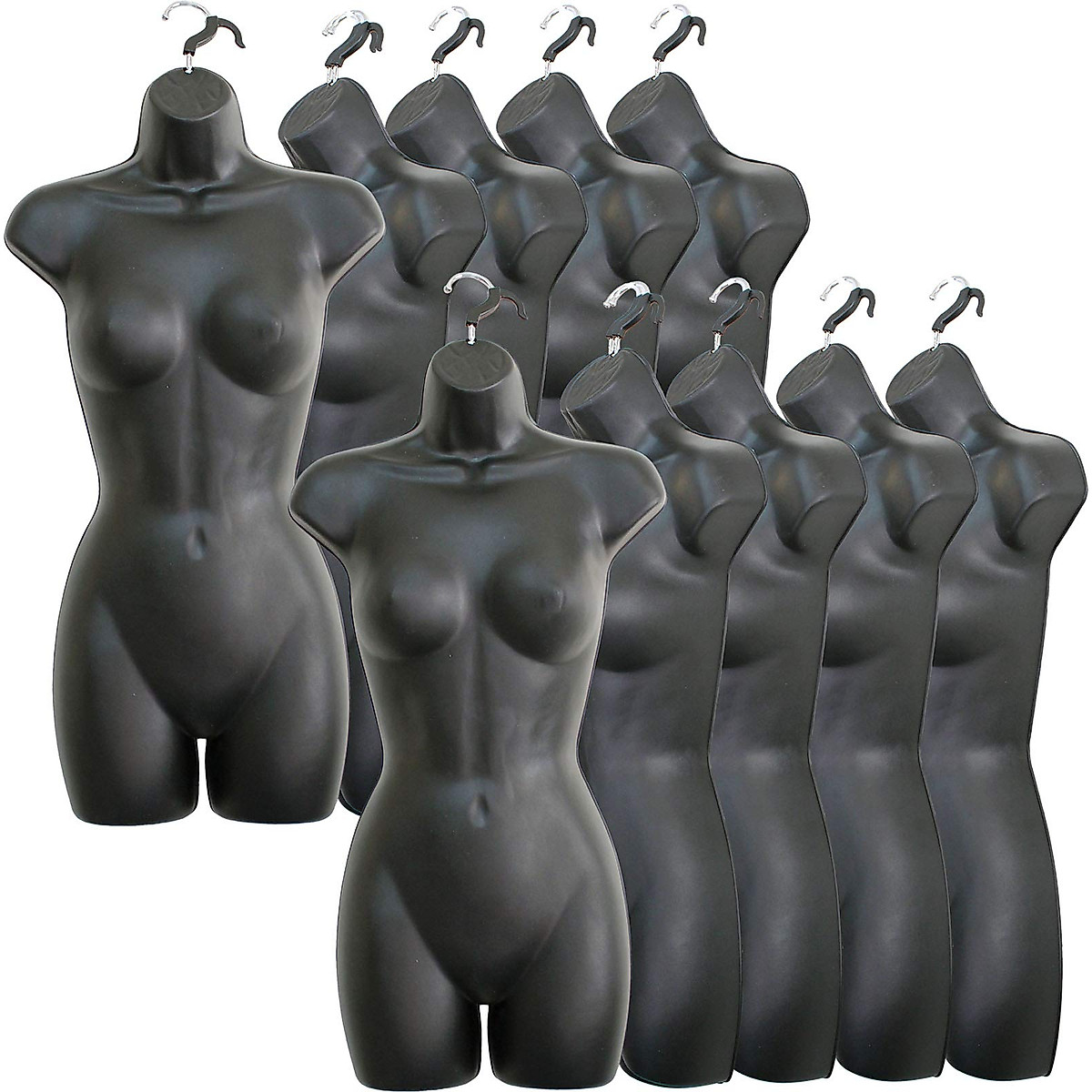 DisplayTown Black Female Mannequin Hip Long Hollow Back Body Torso Dress Form & Hanging Hook, S-M Sizes (10 Pack)