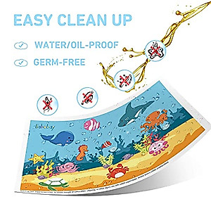 Disposable Stick-on Placemats 40 Pack for Baby & Kids, Toddler Placemats in Reusable Pouch 12" x 18" (Blue Ocean Life)