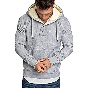 Maiyifu-GJ Men's Solid Color Sport Fleece Hoodie Casual Long Sleeve Henley Sweatshirt Slim Hooded Pullover With Kanga Pocket (Light Grey,Large)