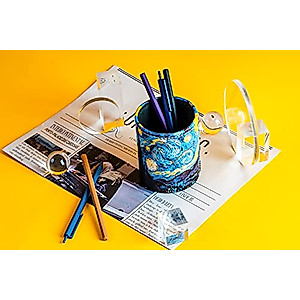 lizimandu PU Leather Pencil Pen Holder,Round Pencil Cup Stationery Desk Organizer Control Storage Box for Home Office Bedroom(1 Pack,1-Starry Sky)