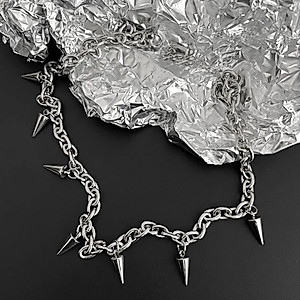 Tosmifairy Stainless Steel Chain Necklace with 7pcs Spikes Punk Rock Goth Y2K Jewelry Choker for Women Men