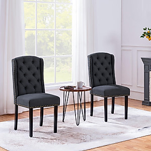 Yaheetech Dining Chairs Upholstered Fabric Chairs Tufted Kitchen Chairs with Solid Wood Legs, Nailhead Trims and Wing Design for Dining Room Kitchen and Restaurant, Set of 6, Gray