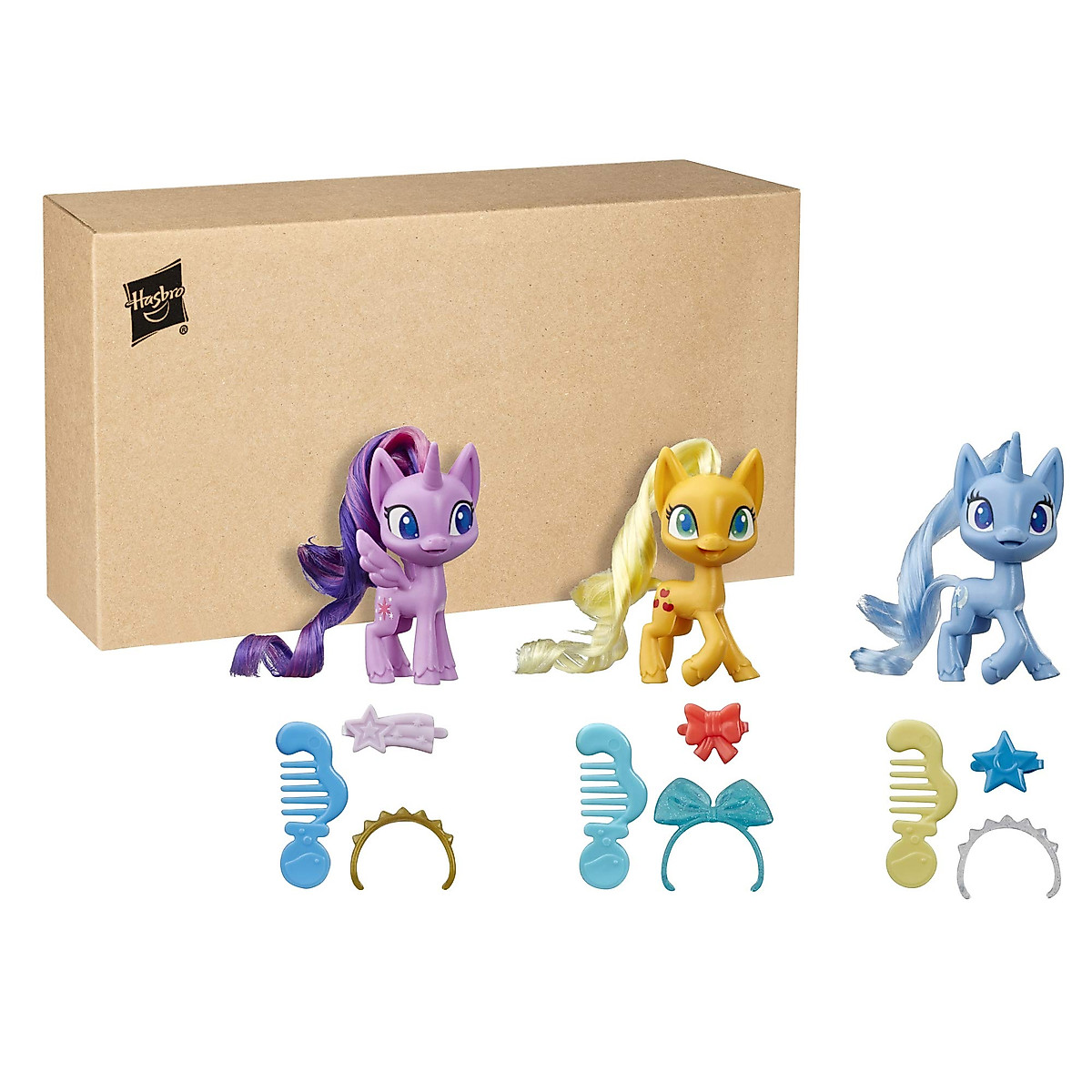My Little Pony Potion Pony 3-Pack - Twilight Sparkle, Applejack, and Trixie Lulamoon 3-Inch Pony Toys with Brushable Hair, 15 Accessories