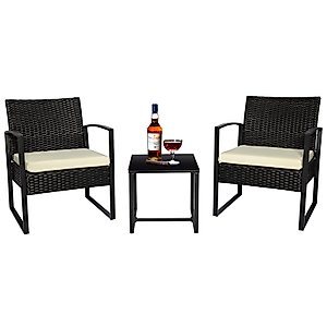 3 Piece Wicker Outdoor Patio Furniture Bistro Set, PE Rattan Chair w/Coffee Table, Small Modern Conversation Sets Clearance for Front Porch, Balcony, Garden, Lawn (Beige Cushion)