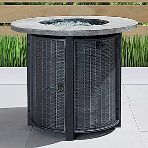 RST Brands Sego Lily Logan Steel Outdoor Patio Round Fire Table, with Fiber Concrete Top, 40000 BTUs, PE Wicker, Backyard, 30x30 Inch, Gray