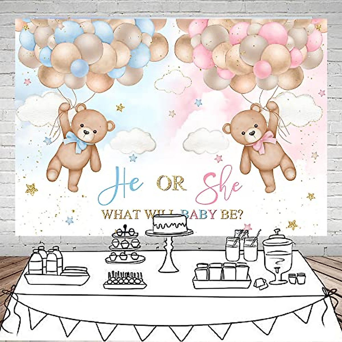 Mocsicka Bear Balloons Gender Reveal Backdrop We Can Bearly Wait Background Blue or Pink He or She Bear Gender Reveal Party Cake Table Decoration Photo Booth Props (7x5ft)