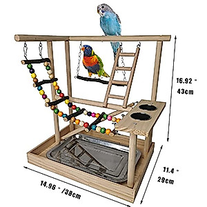 Hamiledyi Parrots Playground, Bird Play Gym Wood Perch Stand Colours Climb Ladders Swing Chewing Toys with Parakeet Feeding Cups Exercise Activity Center for Conure Cockatiel Lovebirds(Include a Tray)