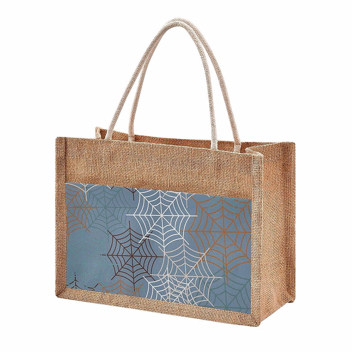 Jute Tote Burlap Bag Blue Halloween Spider Web Striped Gift Bag Women DIY Work Grocery Storage Bag