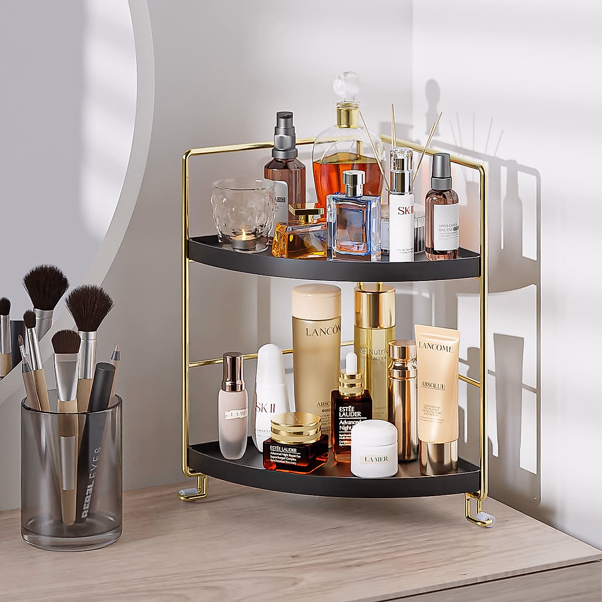 KINGBERWI 2-Tier Bathroom Corner Counter Organizer, Makeup Storage Shelf Vanity Tray, Bathroom Sink Countertop Organizer, Black