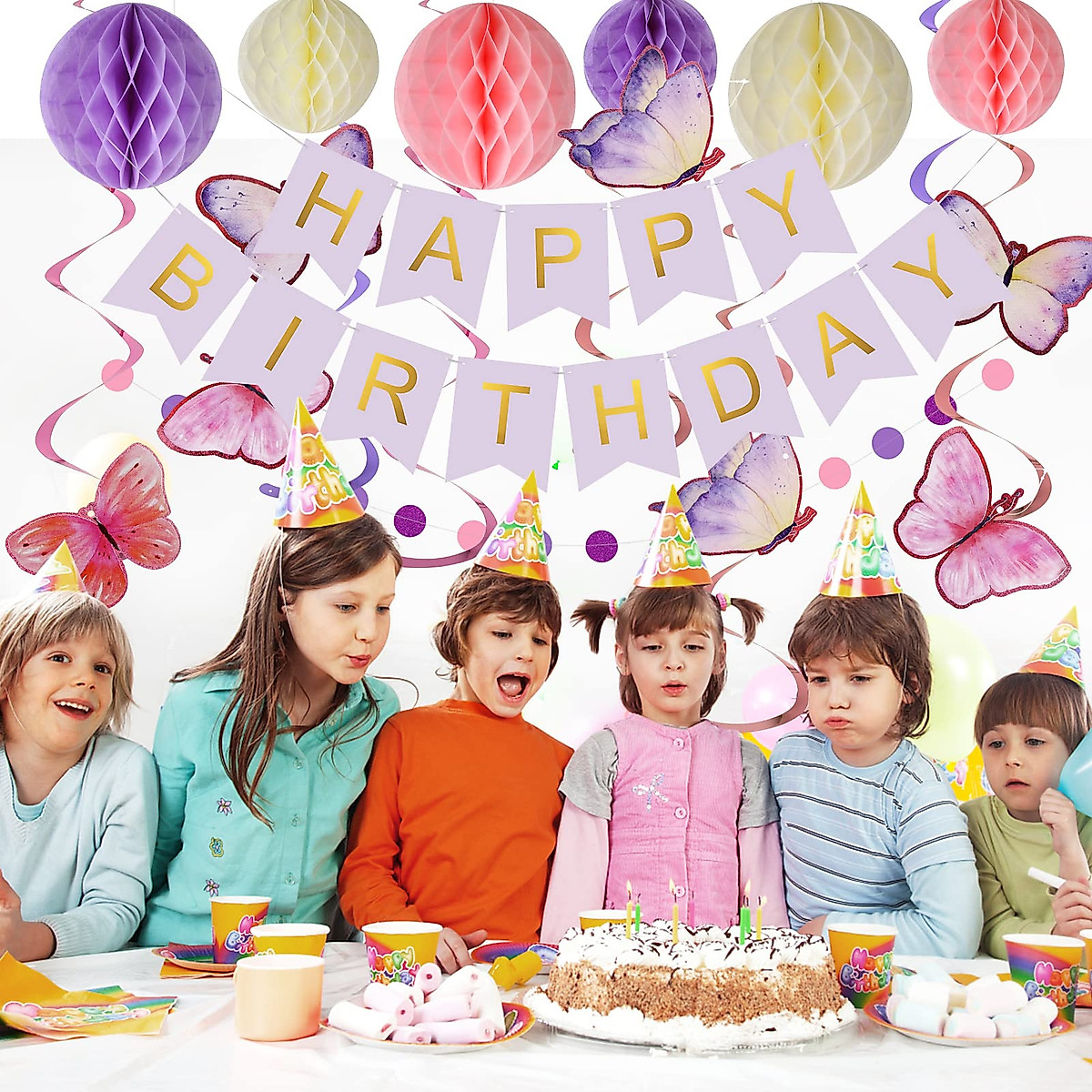 meowtastic Purple Birthday Decorations - Purple Happy Birthday Banner with Honeycomb Ball, Butterflies Hanging Swirl Streamer, Circle Dot Garland Decoration - Birthday Party Decoration for Women Girl