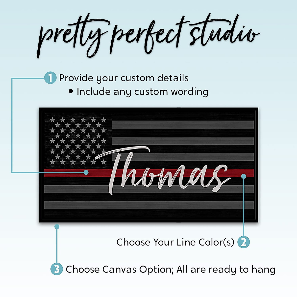 Pretty Perfect Studio Custom Red Line Fireman Name Sign, Personalized Fire Department For Firefighter Canvas Wall Art 10"x20"