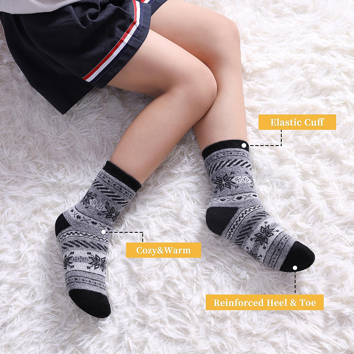 FNOVCO Kids Merino Wool Hiking Socks Toddlers Boys Girls Cozy Thermal Winter Thick Warm Crew Socks 6 Pairs (8-12 Years, Snowflake)