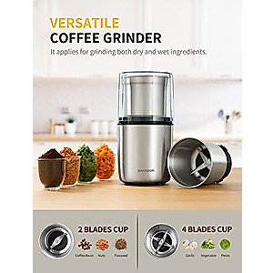 SHARDOR Coffee Grinder Electric, Herb Grinder, Spice Grinder Electric, Wet Grinder for Spices and Seeds with 2 Removable Stainless Steel Bowls, Silver