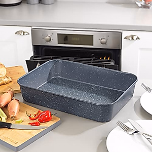 Russell Hobbs RH01832EU Deep Roasting Pan, Non-Stick Carbon Steel Roaster, Tall Sides Baking Tray for Meats, Vegetables, Large Oven Tin, Family Size, Nightfall Stone Collection, Blue Marble, 39 cm