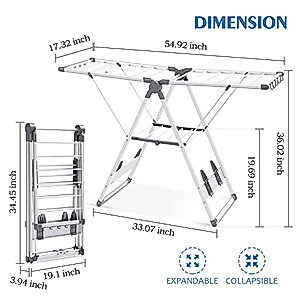 TOOLF Clothes Drying Rack, Aluminum Foldable 2-Level Drying Racks for Laundry, Large Foldable Laundry Stand with Height-Adjustable Gullwings, Sock Clips Hooks for Bed Linen, Clothing, Socks, Scarves