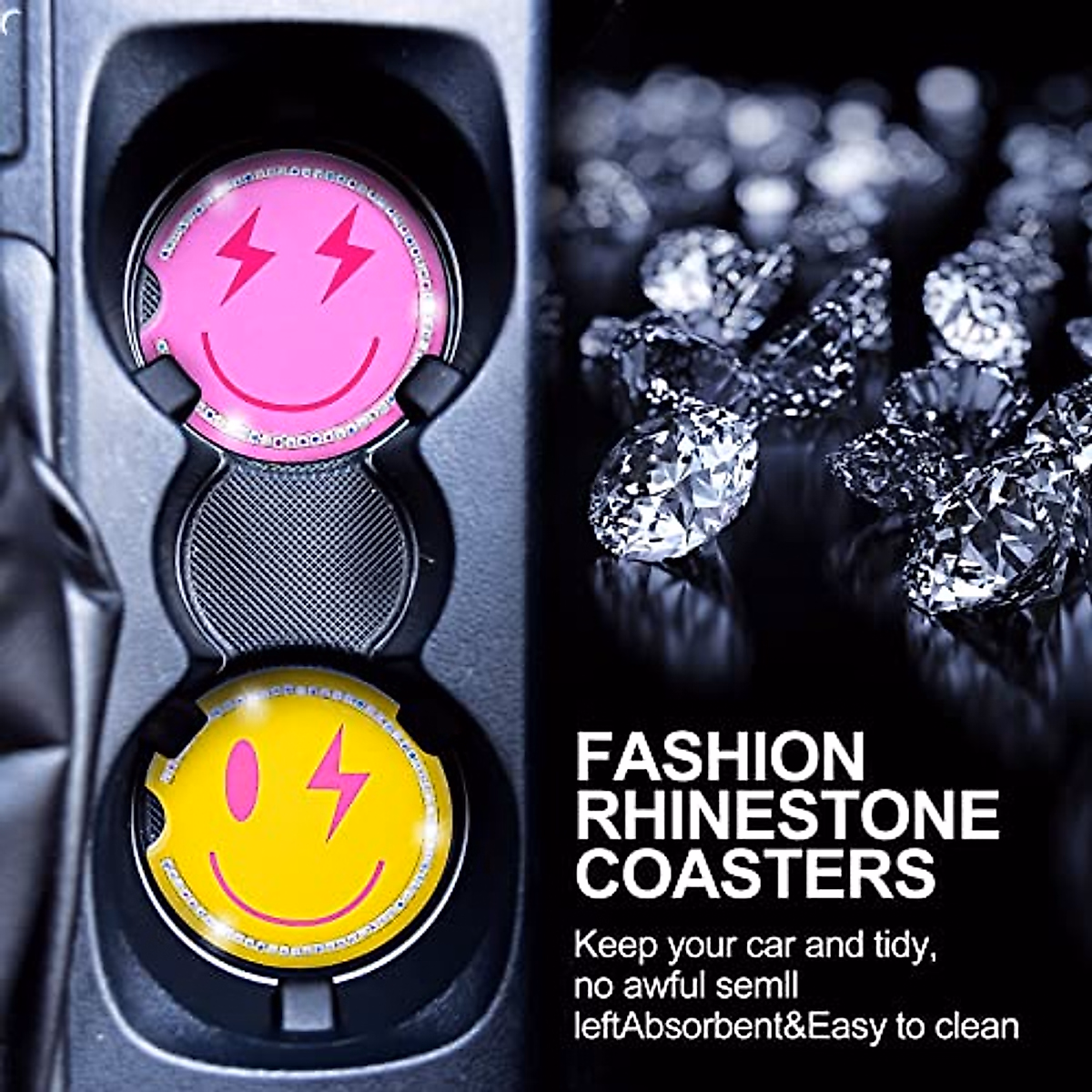 4 Pcs Preppy Car Cup Holder Coasters Pink Bling Car Coasters with Finger Notch Ceramic Cork Base Cute Car Drink Coasters Aesthetic Car Auto Accessories for Women Girl College Student Anti Slip