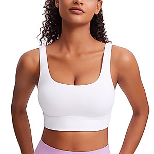 CRZ YOGA Butterluxe Womens U Back Sports Bra - Scoop Neck Padded Low Impact Yoga Clothes Workout Crop Top with Built in Pads White Small