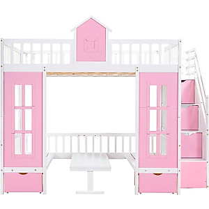 MERITLINE Full Loft Beds with Stairs and Desk, Wooden Castle Shaped Full Over Full Bunk Bed with Changeable Desk,Storage Bunk Bed with Drawers for Kids Girls Boys Teens, Pink