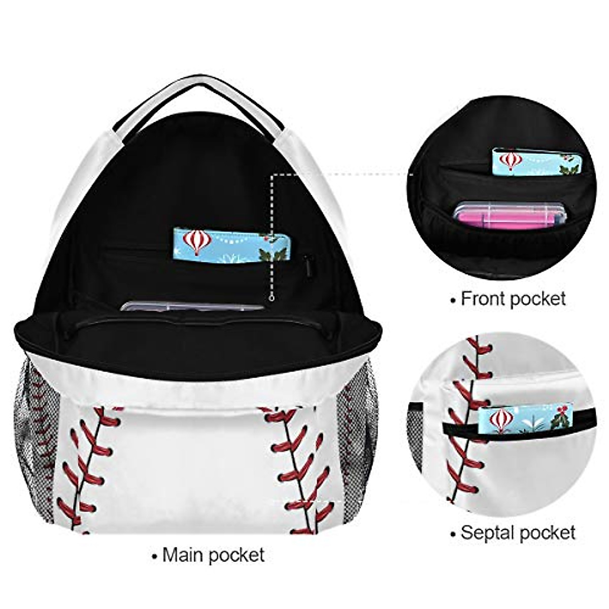 Kcldeci Red Stitching Baseball Kids Backpack, White Ball Kids Backpacks Bookbags Elementary Toddler School Bags Travel Bags for Boys Girls