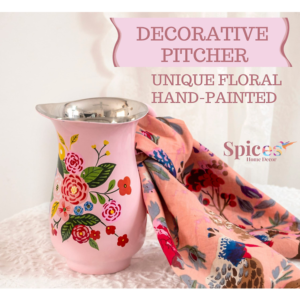 Hand Painted Stainless Steel Water Pitcher - Large Metal Water Jug, for Cold Drinks, Floral Design Beverage Carafe for Entertaining & Home Decor. 8” height, 1 Quart Decorative Vase. (Pink)