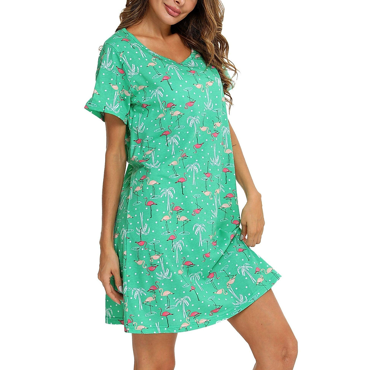 ENJOYNIGHT Womens Nightgowns Cotton Sleepwear Plus Size Sleep Shirts Short Sleeves Nightshirt Print Sleepshirt (Medium, Flamingo)