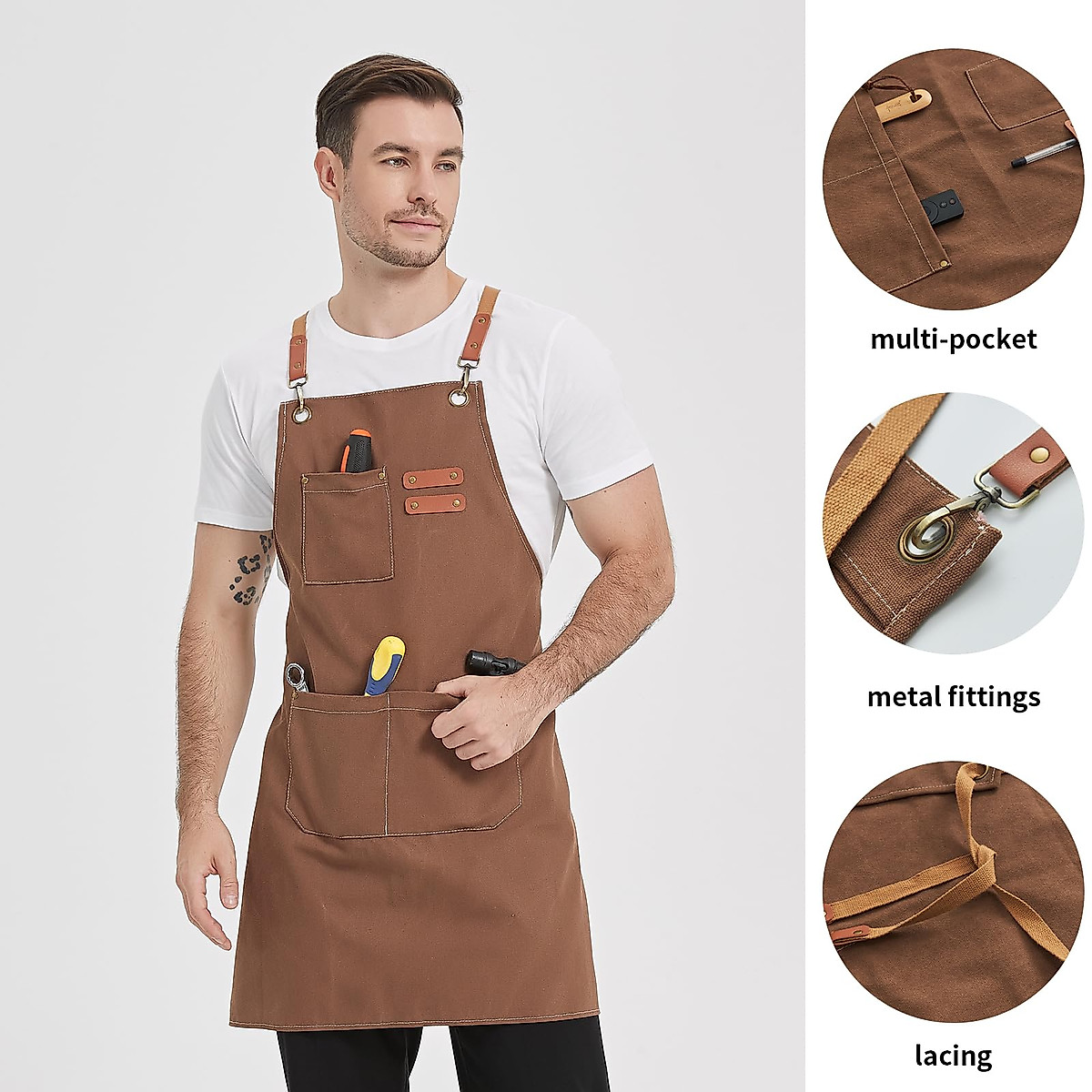 FunChaos Brown Canvas Aprons, Work Aprons for Men Women, Chef Aprons with Adjustable Strap and 3 Pockets, Apron for Servers Kitchen Cooking Baking Artist Painting, Cross Back