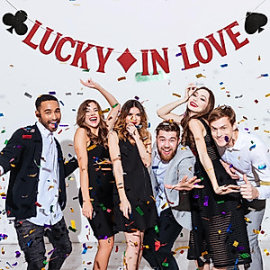 Lucky in Love Banner - Las Vegas Bridal Shower Decor, Casino Theme Blackjack Game Night Wedding Engagement Bachelorette Party Decorations Red Glitter