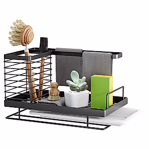 ODesign Large Kitchen Sink Caddy Organizer Sponge Soap Brush Holder with Drain Pan Tray Stainless Steel - Black