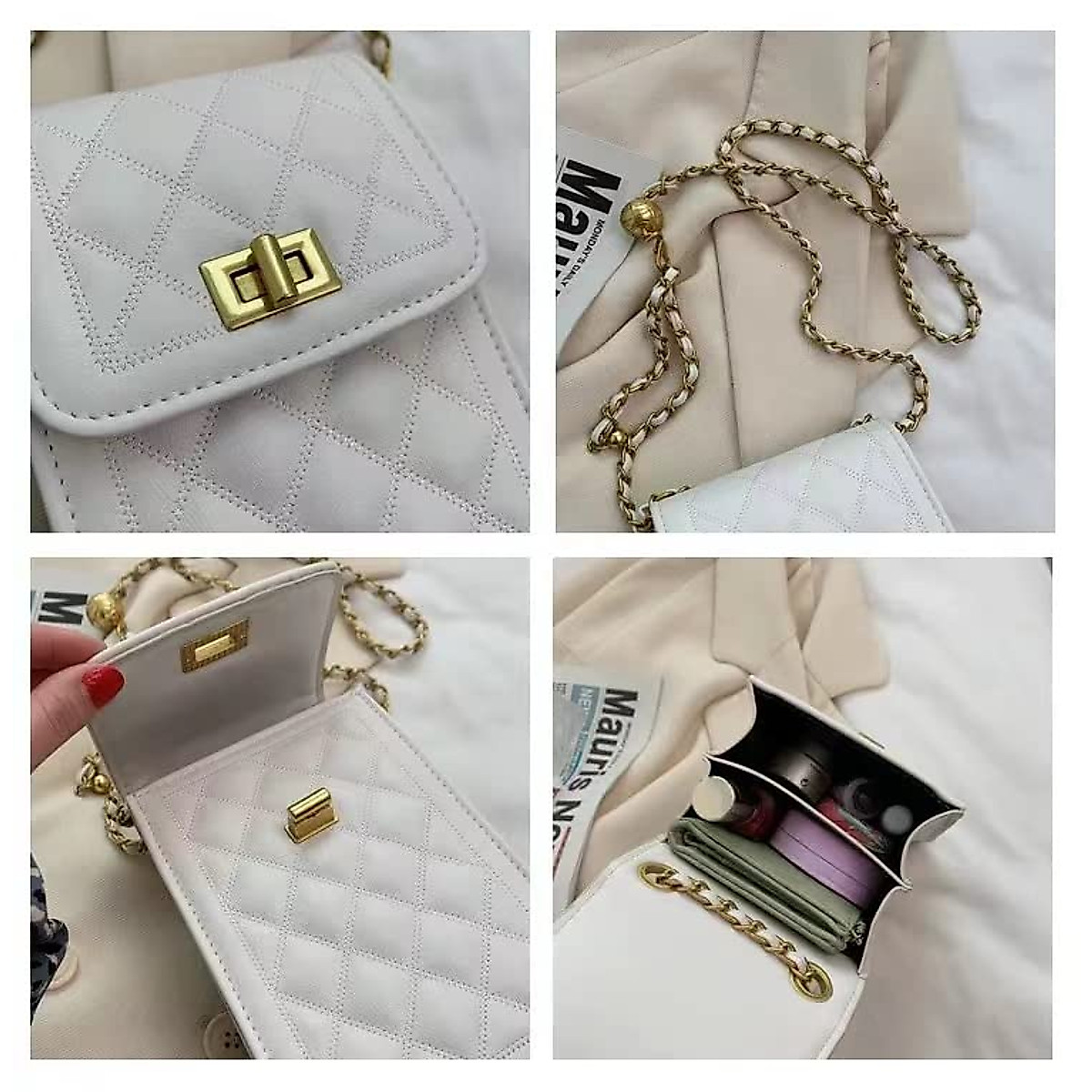 Seagloca 7.9“ Women PU Leather Quilted Crossbody Bag Shoulder Bag Phone Wallet Purse Chain Bag Clutch (White)