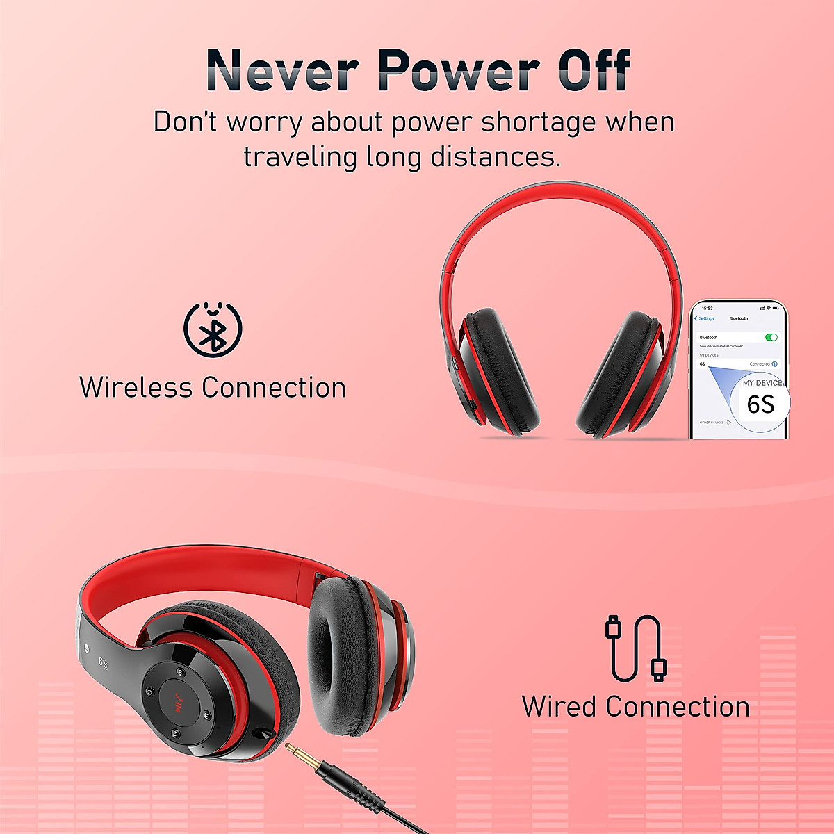 Bluetooth Headphones Over Ear, 6S Foldable Wireless Headphones with 6 EQ Modes, 40 Hours Playtime HiFi Stereo Headset with Mic, Soft Ear Pads, TF/FM for Cellphone/PC/Home (Black & Red)