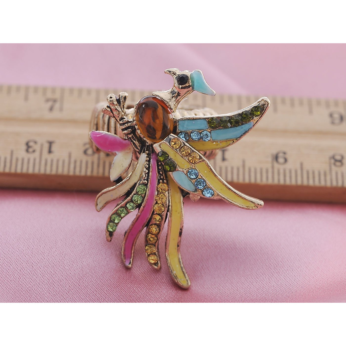 Alilang Womens Elastic Antique Gold Rhinestones Colorful Phoenix Bird Ring