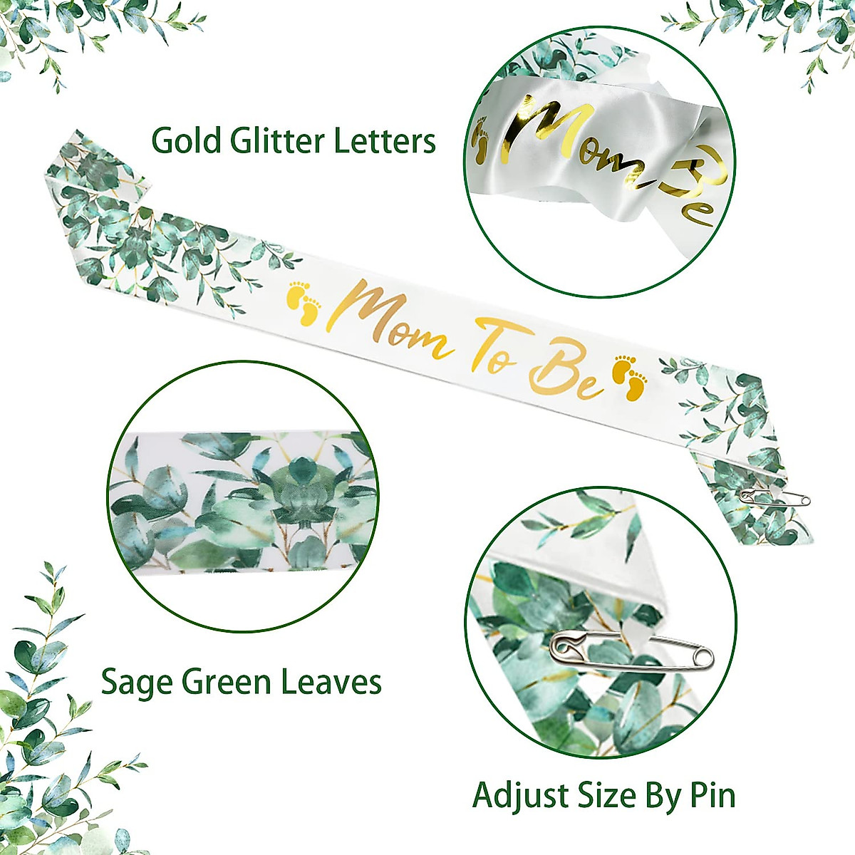 Neutral Sage Green Mom to Be Sash Baby Shower Dad To Be Pin, Gold Glitter Letters Eucalyptus Leaves Greenery Satin Sash Corsage for Pregnant Mommy Gift Party Decorations