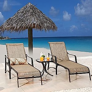 LOKATSE HOME Outdoor Patio Adjustable Metal Chaise Lounge Chair Recliner Set of 2 with 1 Glass Top Bistro Table, Grey