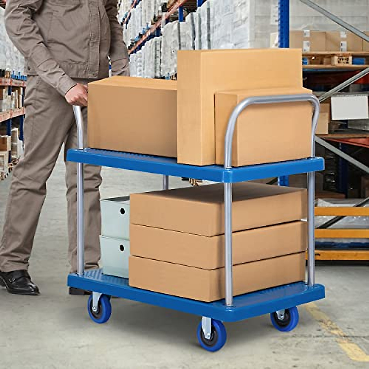 MoNiBloom 2 Tier Steel Utility Cart Multipurpose Service Trolley Cart with Wheels Great for Warehouse Garage Office, 661 lbs Capacity